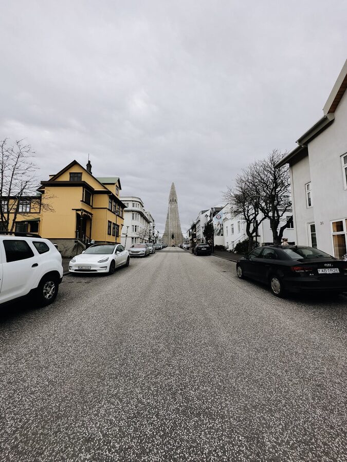Row of colorful corrugated iron houses on a Reykjavik street