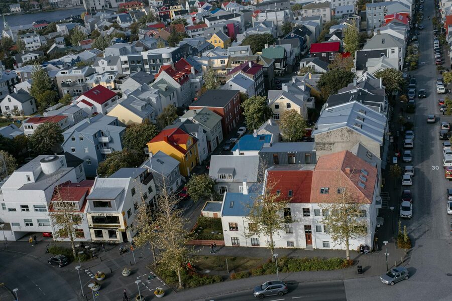 Reykjavik harbor with fishing boats and waterfront buildings
