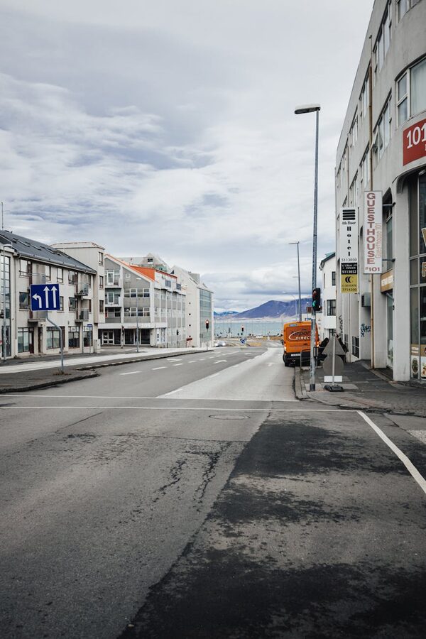 Colorful shop fronts lining a downtown Reykjavik street
