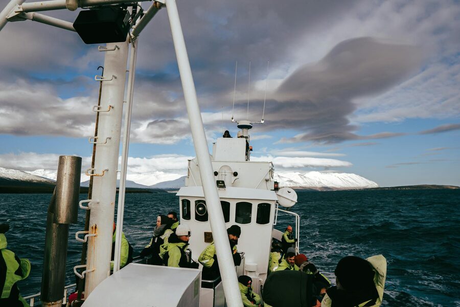 Whale watching boat departing from Reykjavik Old Harbour on a clear day