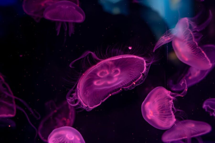 Pink jellyfish swimming in aquarium