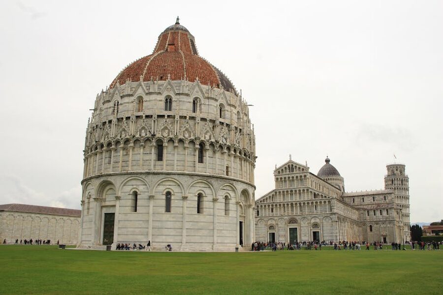 Pisa Baptistery and Cathedral with tourists