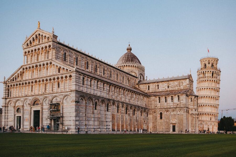 Pisa Leaning Tower and cathedral at sunset