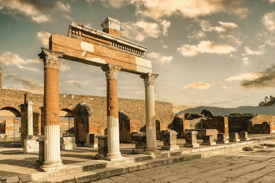 Ancient Roman ruins at Pompeii with dramatic sky