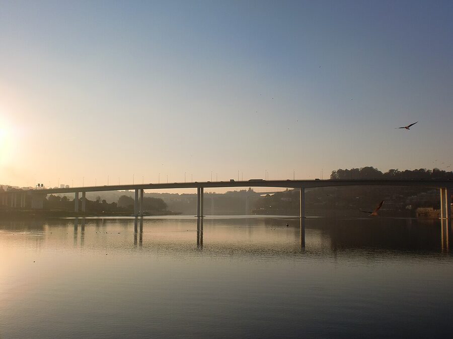 Ponte do Freixo highway bridge Porto at sunset