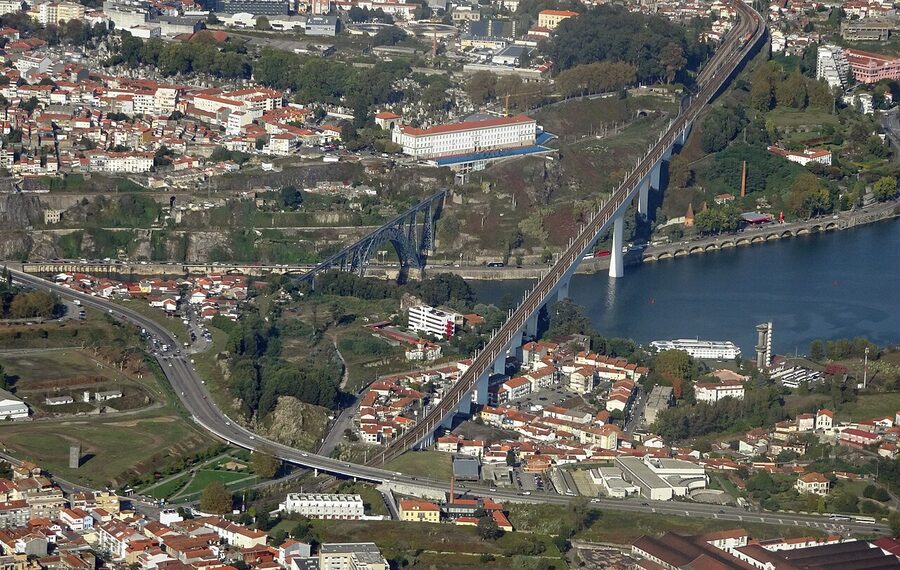 Aerial view of Porto railway bridges Maria Pia and Sao Joao