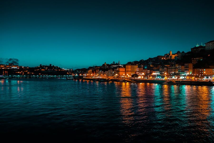Porto waterfront at night with Douro River reflections