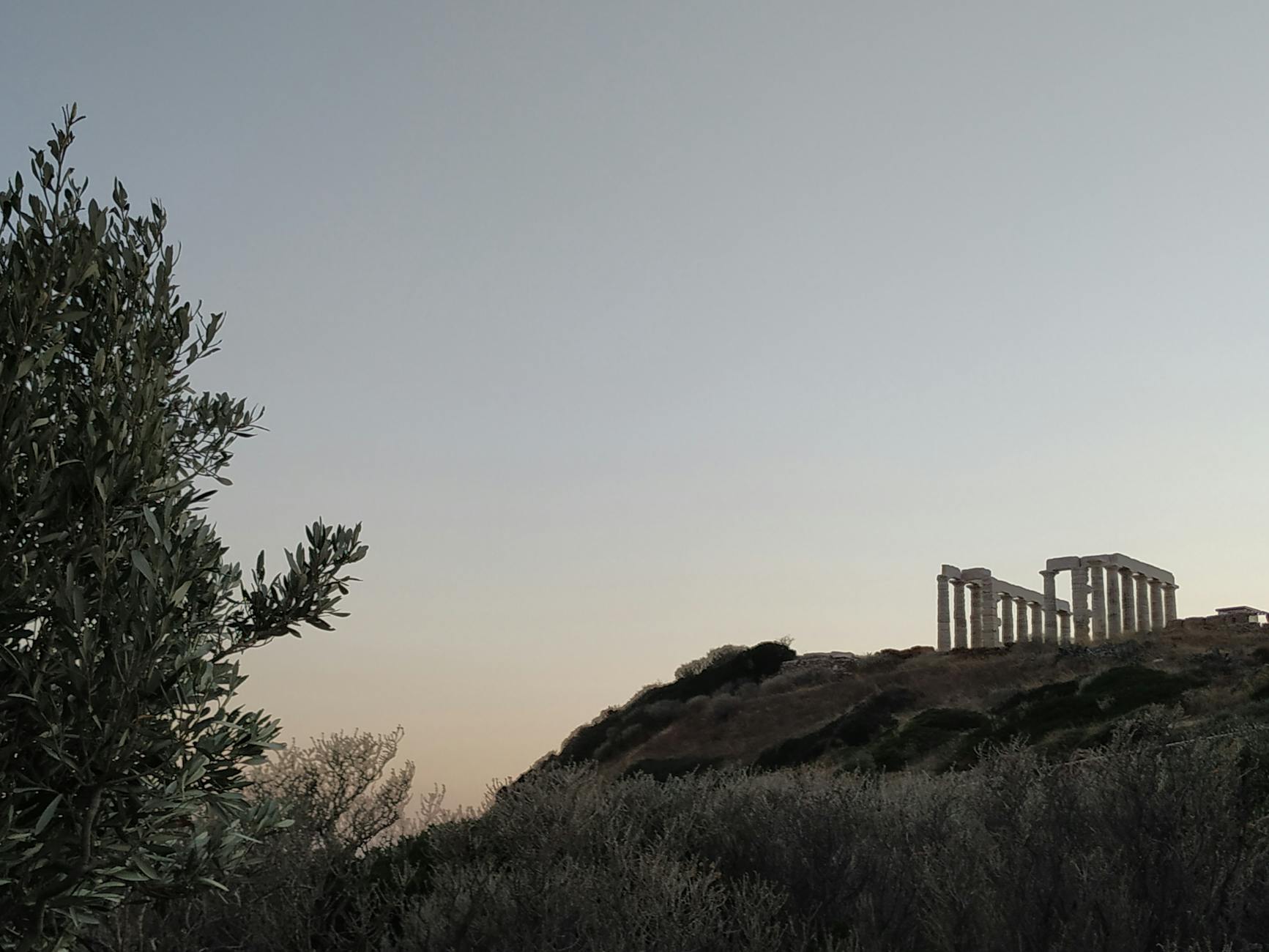 Ancient Temple of Poseidon at sunset with olive trees