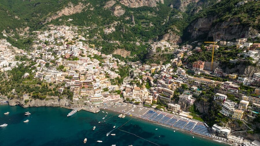 Aerial shot of Positano colorful town