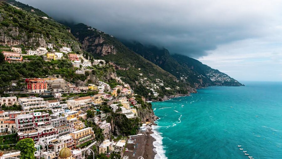 Aerial view of Positano colorful houses on cliffs