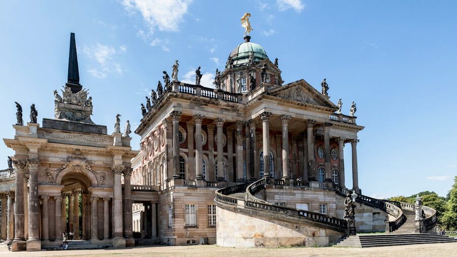 Neues Palais facade with Baroque details in Sanssouci Park Potsdam