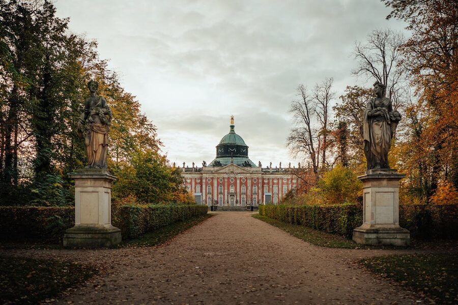 New Palace in Sanssouci Park surrounded by autumn foliage