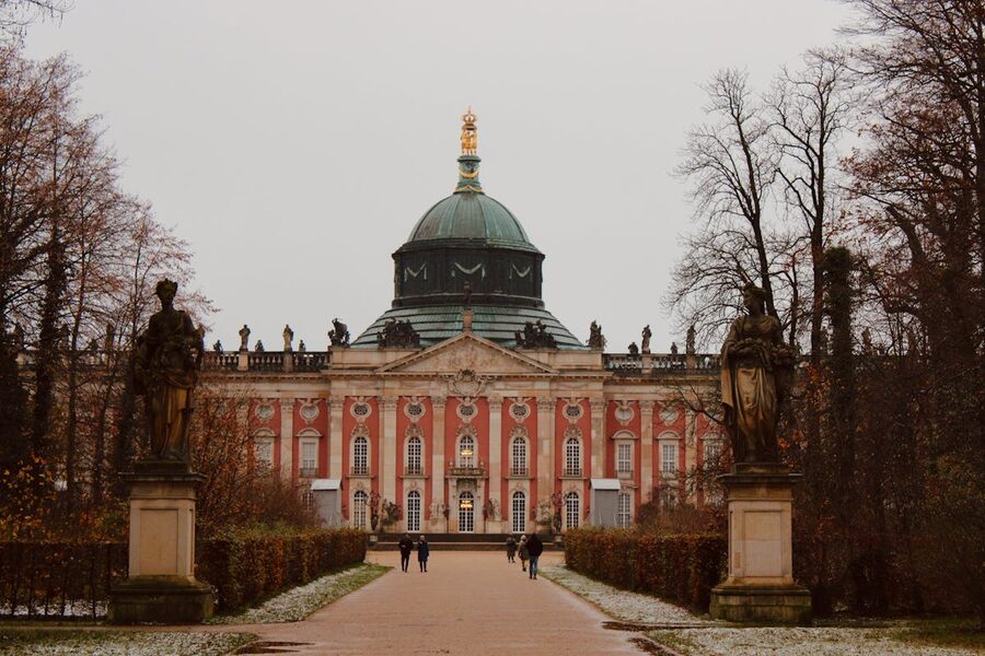 Statues lining the approach to the New Palace in Sanssouci Park