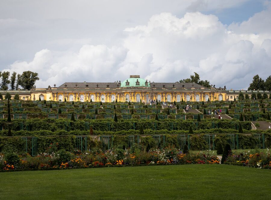 Wide view of Sanssouci Palace and gardens in Potsdam