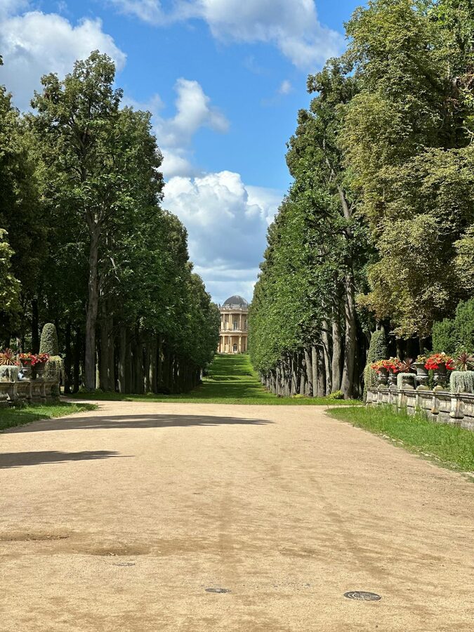 Tree-lined avenue leading to a Baroque palace in Sanssouci Park