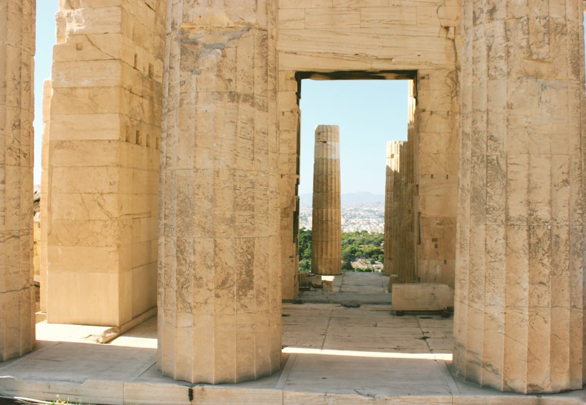 Close-up of Propylaea columns at the Acropolis entrance in Athens