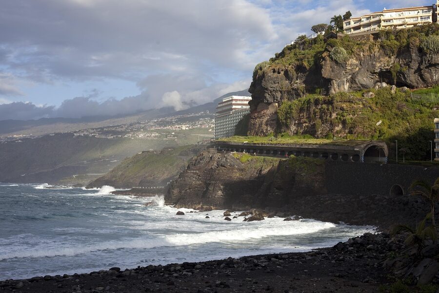 Puerto de la Cruz black sand beach and seafront Tenerife