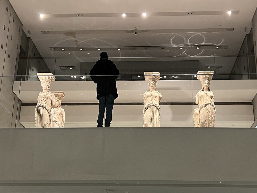 Close-up of the original Caryatids from the Erechtheion in the Acropolis Museum