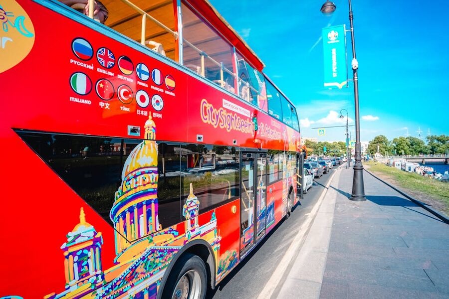 Red double decker sightseeing bus
