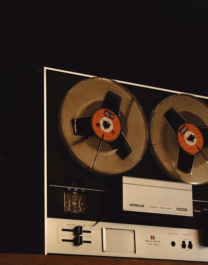 Reel-to-reel tape recorder in a professional audio studio