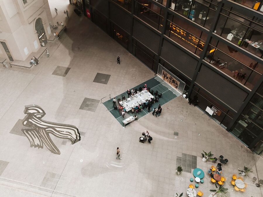 Patio Nouvel red courtyard at Museo Reina Sofia