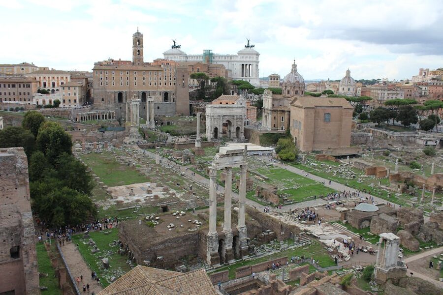 Aerial view of Roman Forum ruins in central Rome