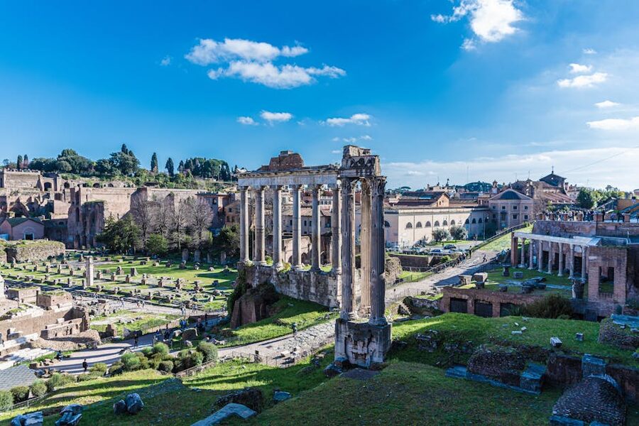 Roman Forum ruins under clear blue sky in Rome