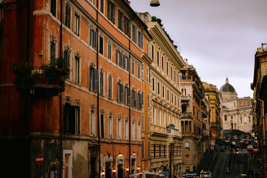 Rome historic street with ancient architecture at dusk