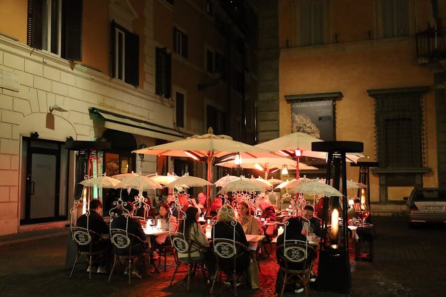 Rome outdoor dining scene with umbrellas
