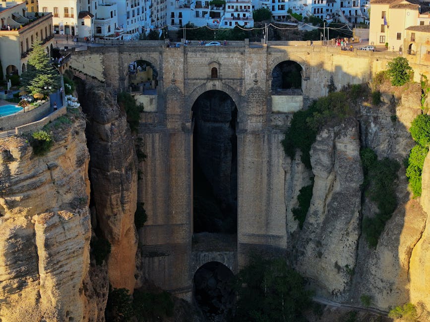 Aerial view of Puente Nuevo bridge over El Tajo Gorge