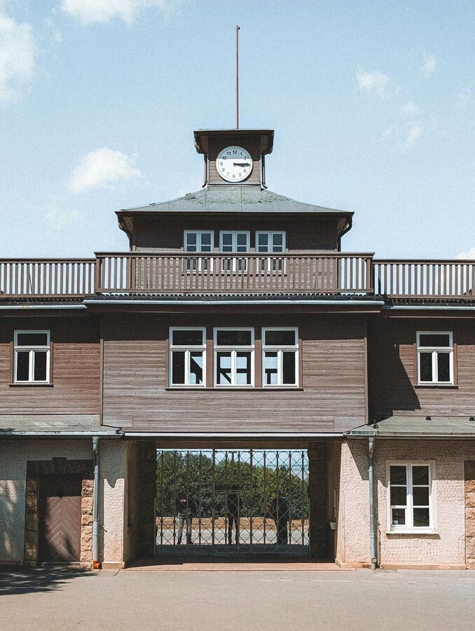 Gate entrance to Buchenwald concentration camp with inscription on metal