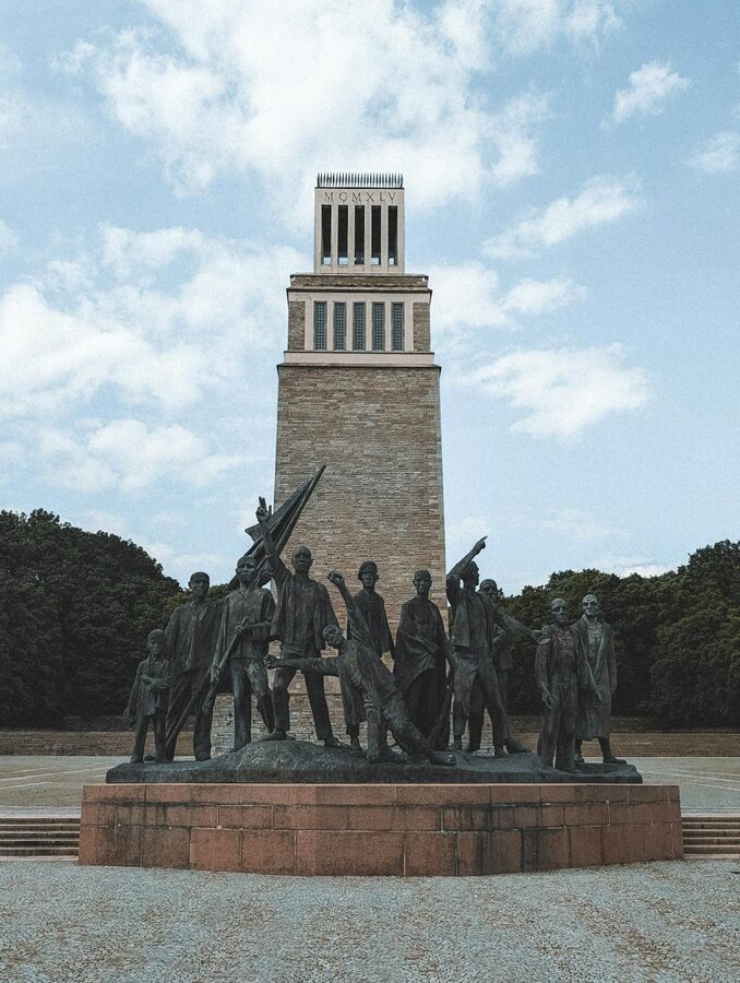 Memorial monument with statues and tower at Buchenwald in Weimar Germany