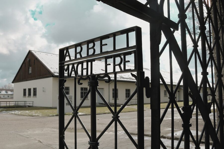 Iron gate entrance at Dachau Concentration Camp with inscription