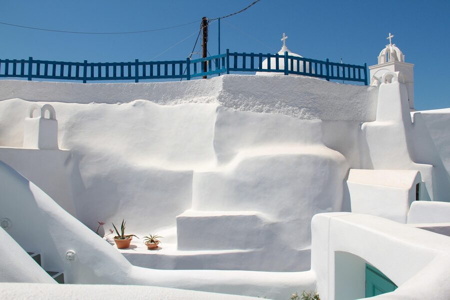 Blue and white chapel in Akrotiri Santorini