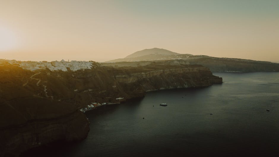 Golden hour light over the Santorini caldera