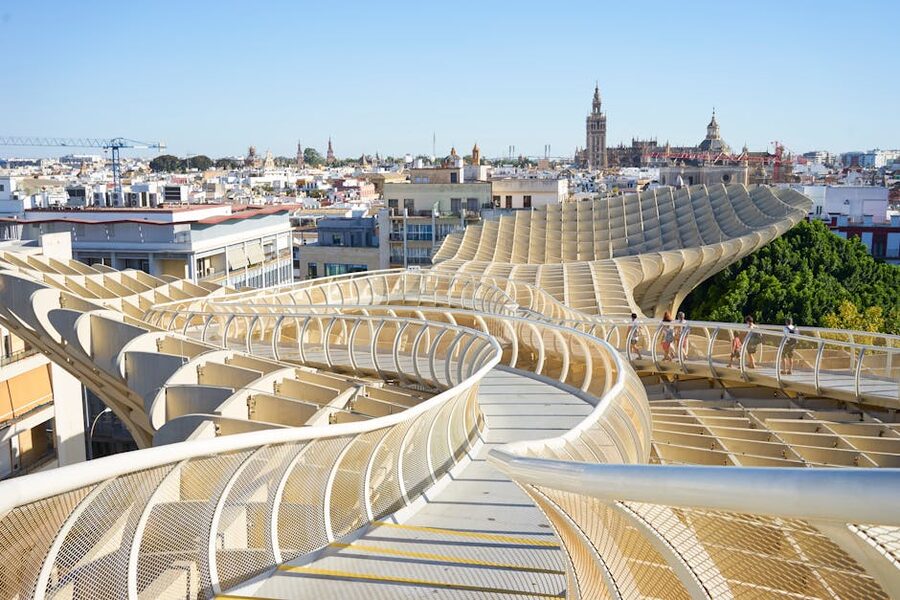 Walking on top of Metropol Parasol with railing