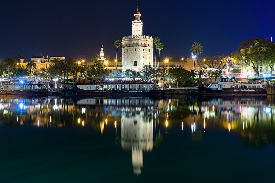 Torre del Oro Seville illuminated at night