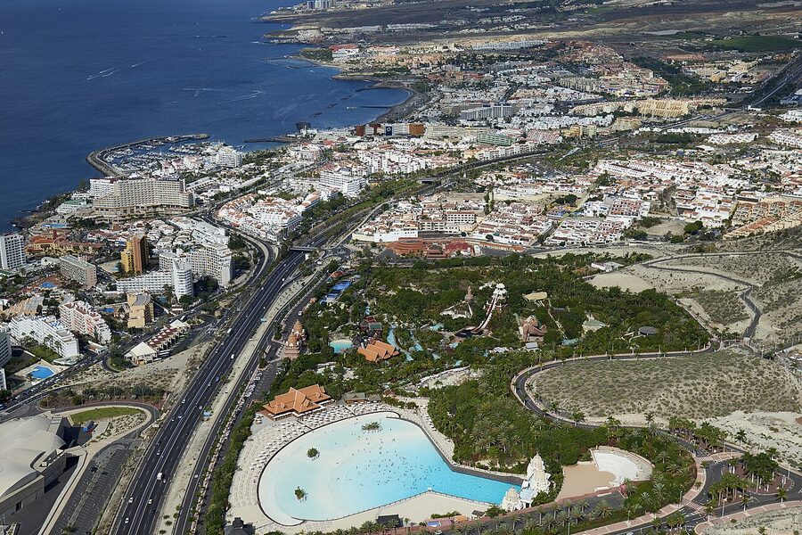 Aerial overview of Costa Adeje and Siam Park on Tenerife