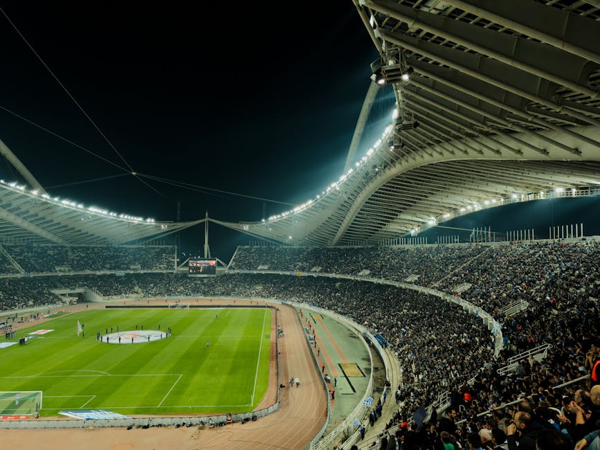 Soccer stadium under bright lights