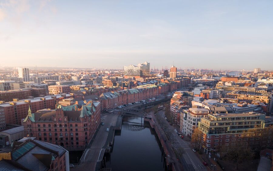 Aerial view of red brick warehouses in Hamburg's Speicherstadt district