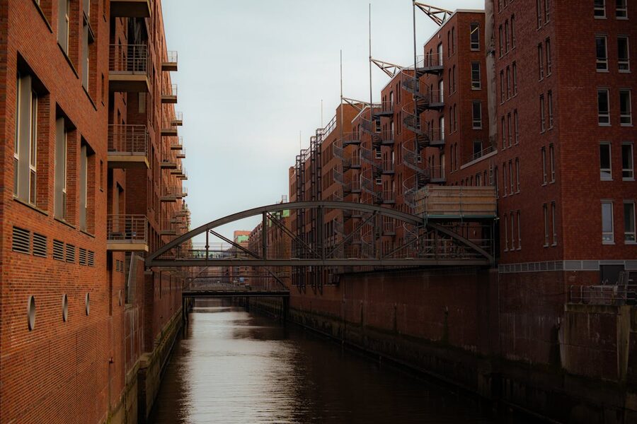 Brick warehouse buildings along a canal in Hamburg's Speicherstadt