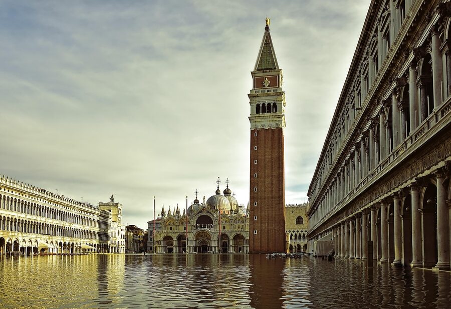 St Mark's Square during acqua alta flooding, Venice