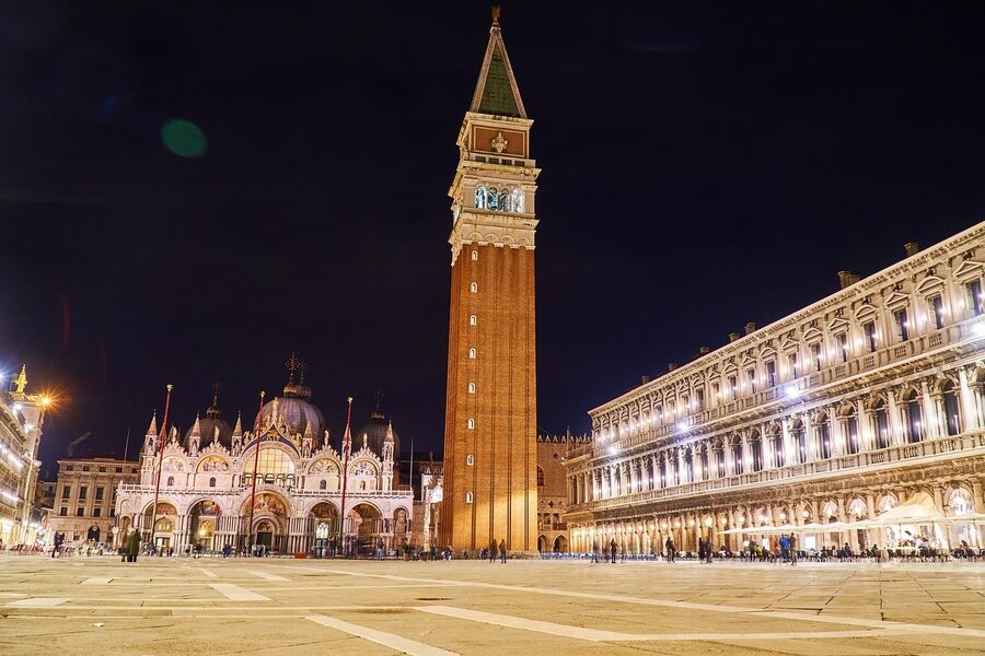 St Mark's Square at night with basilica illuminated, Venice
