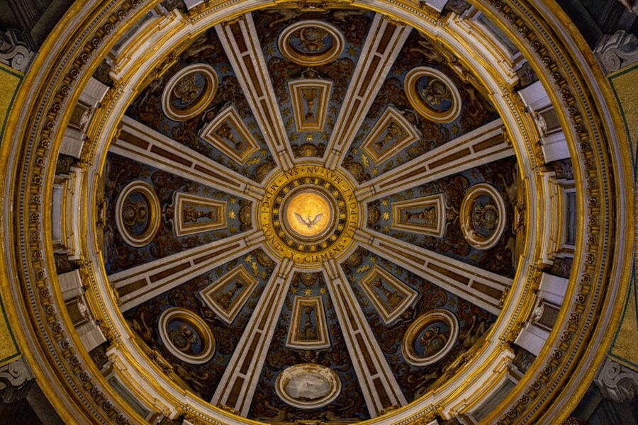 Ornate ceiling inside St Peters Basilica dome