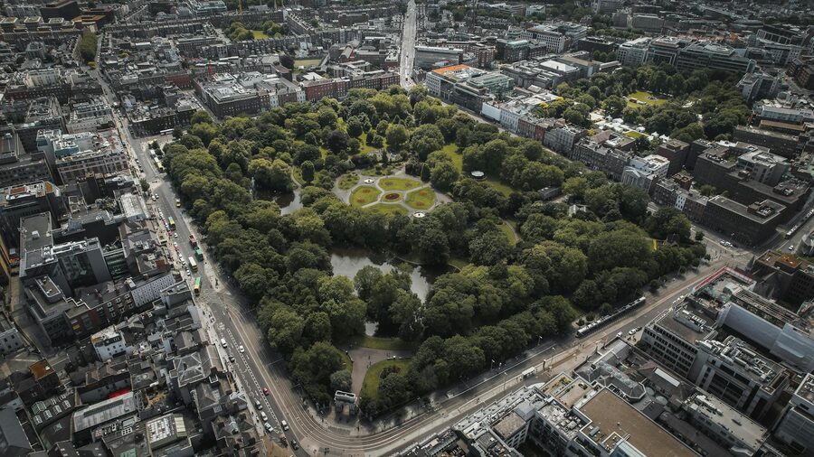 St Stephens Green park in Dublin surrounded by Georgian buildings