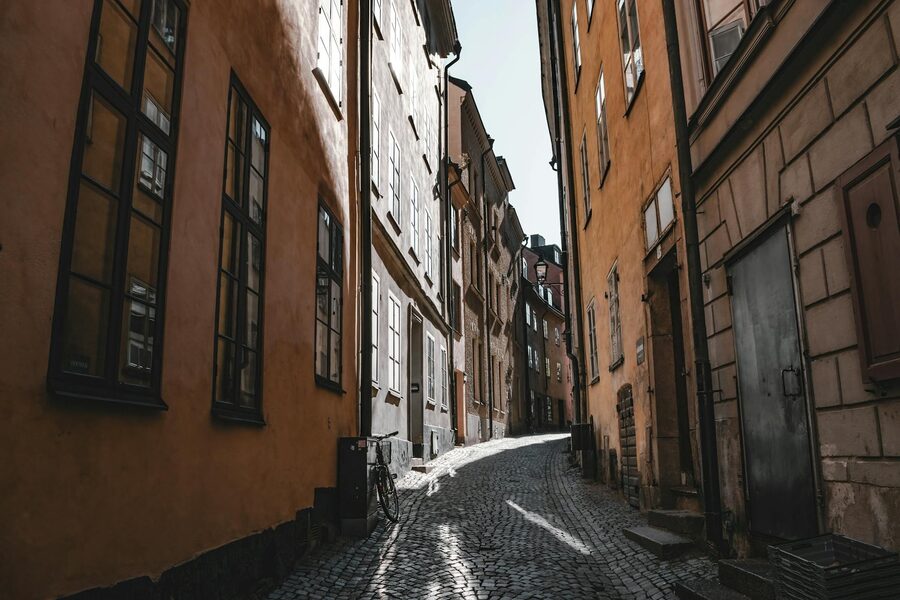 Narrow cobblestone street in Stockholm's Gamla Stan old town