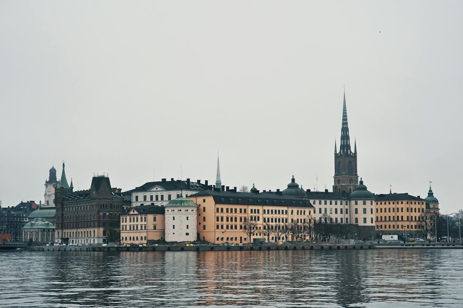 Aerial view of Gamla Stan old town with church spires in Stockholm