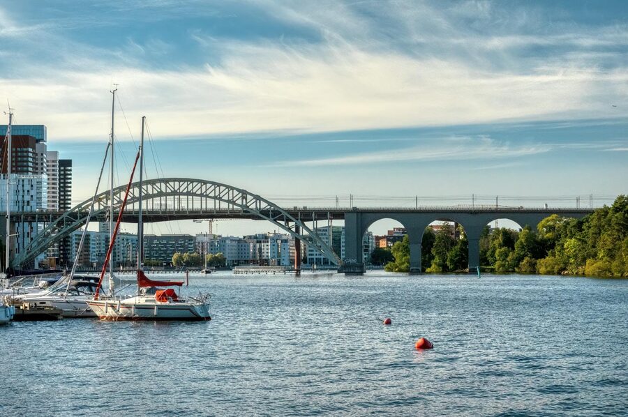 Sailboats and bridge over water in Stockholm, Sweden
