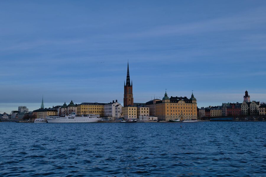 Stockholm skyline with buildings reflected in still water