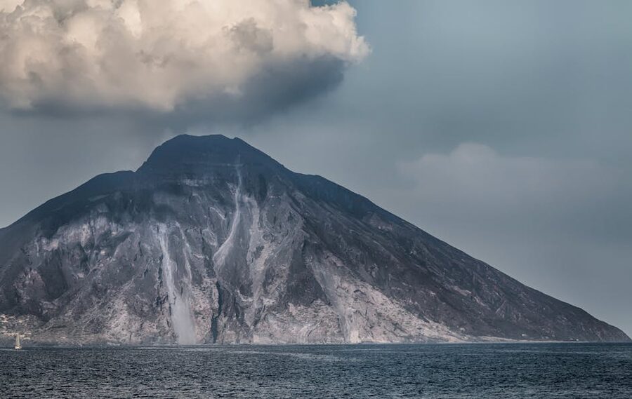 Stromboli volcano in Sicily with clouds